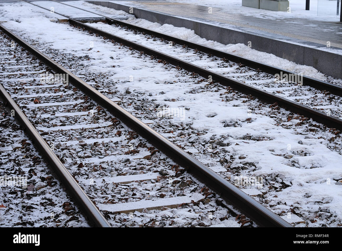 snow on tracks of a tramway line in winter Stock Photo - Alamy