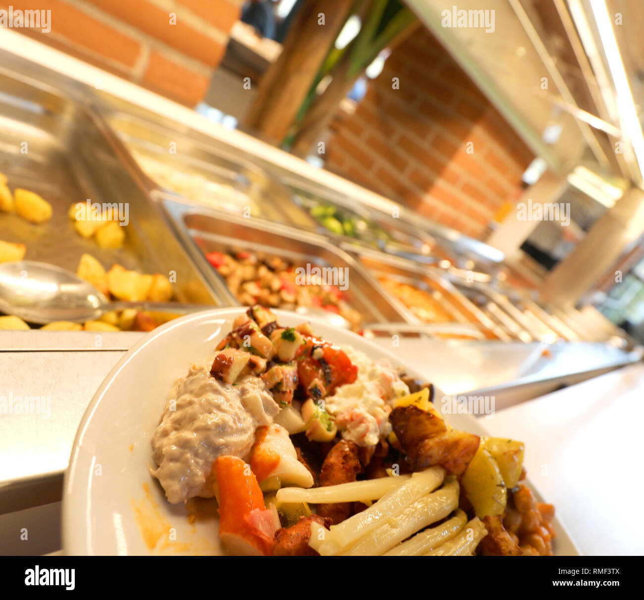 Dish in the self service restaurant with many raw and cooked foods ...