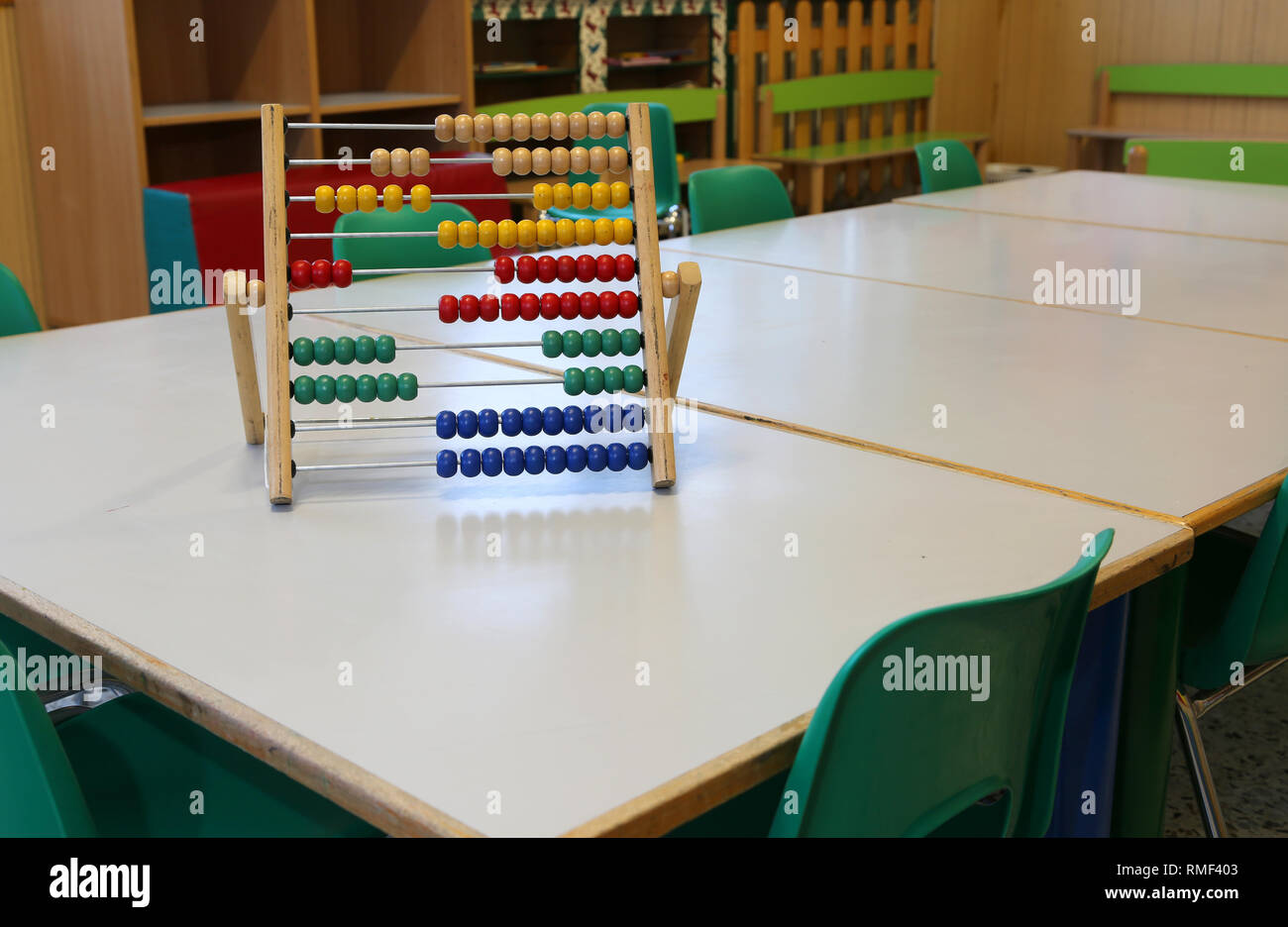 inside a classroom of kindergarten and an old wooden abacus on the ...
