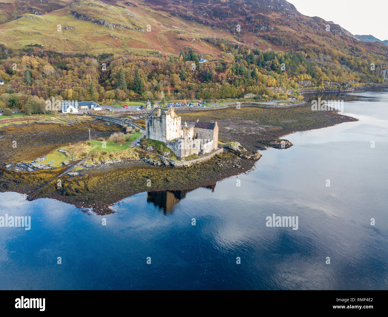 Aerial view of the historic Eilean Donan Castle by Dornie, Scotland ...