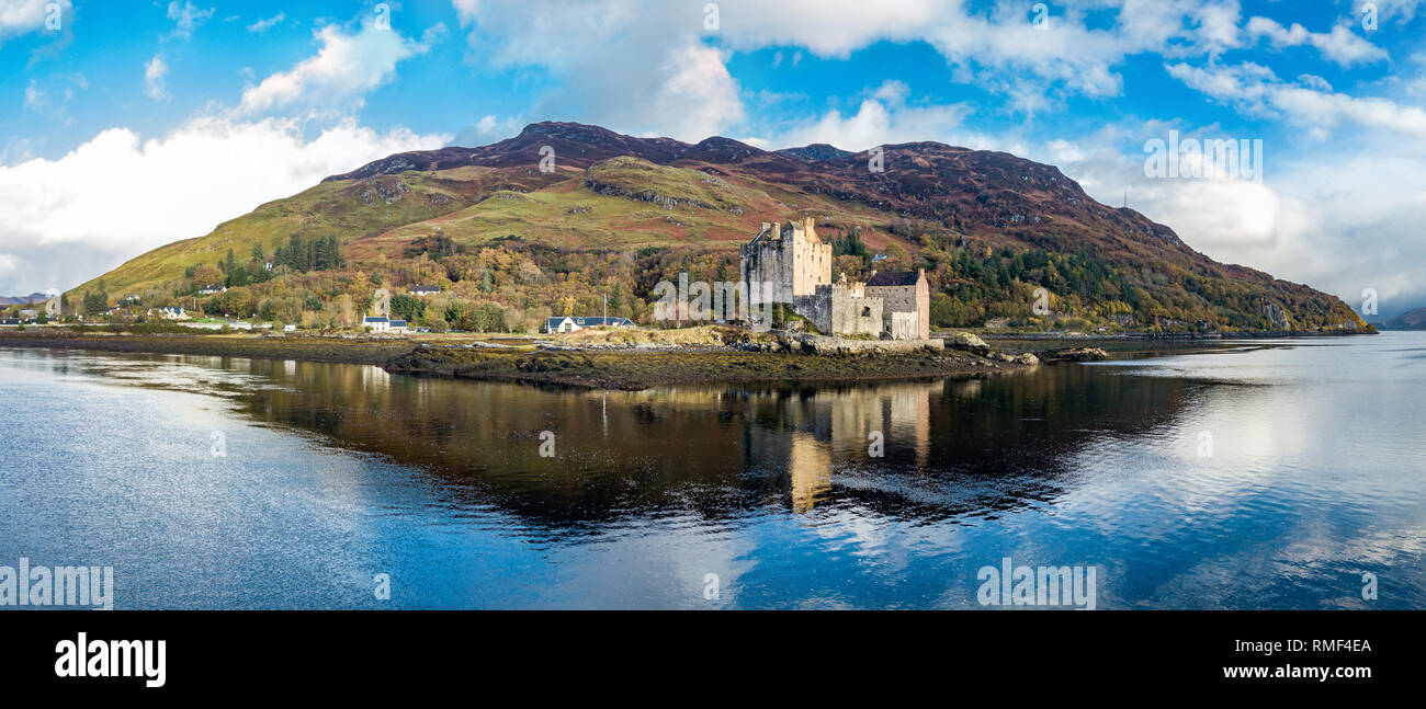 Aerial view of the historic Eilean Donan Castle by Dornie, Scotland ...