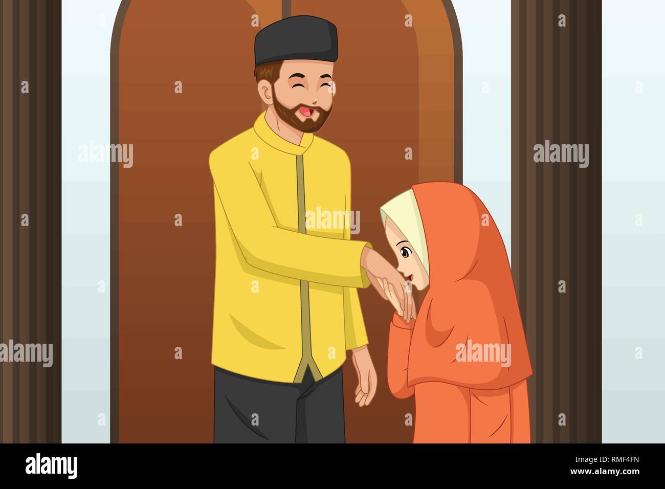 A vector illustration of Muslim Girl Kissing Her Father Hand Stock ...