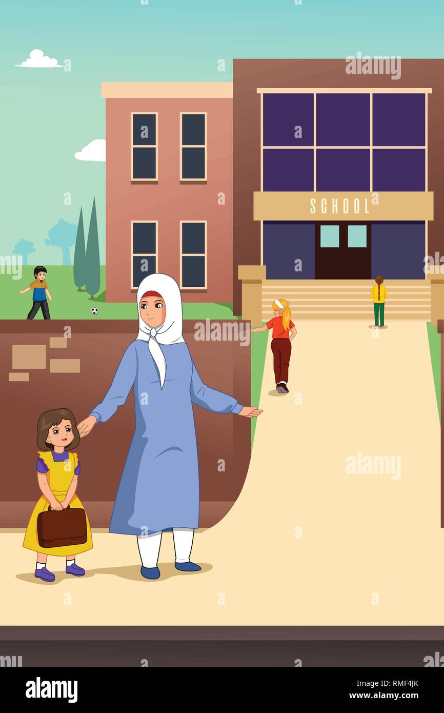 A vector illustration of Muslim Mother with her Daughter in School ...
