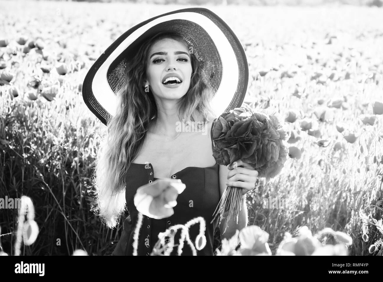 flower bouquet at smiling girl in retro hat, poppy field Stock Photo ...