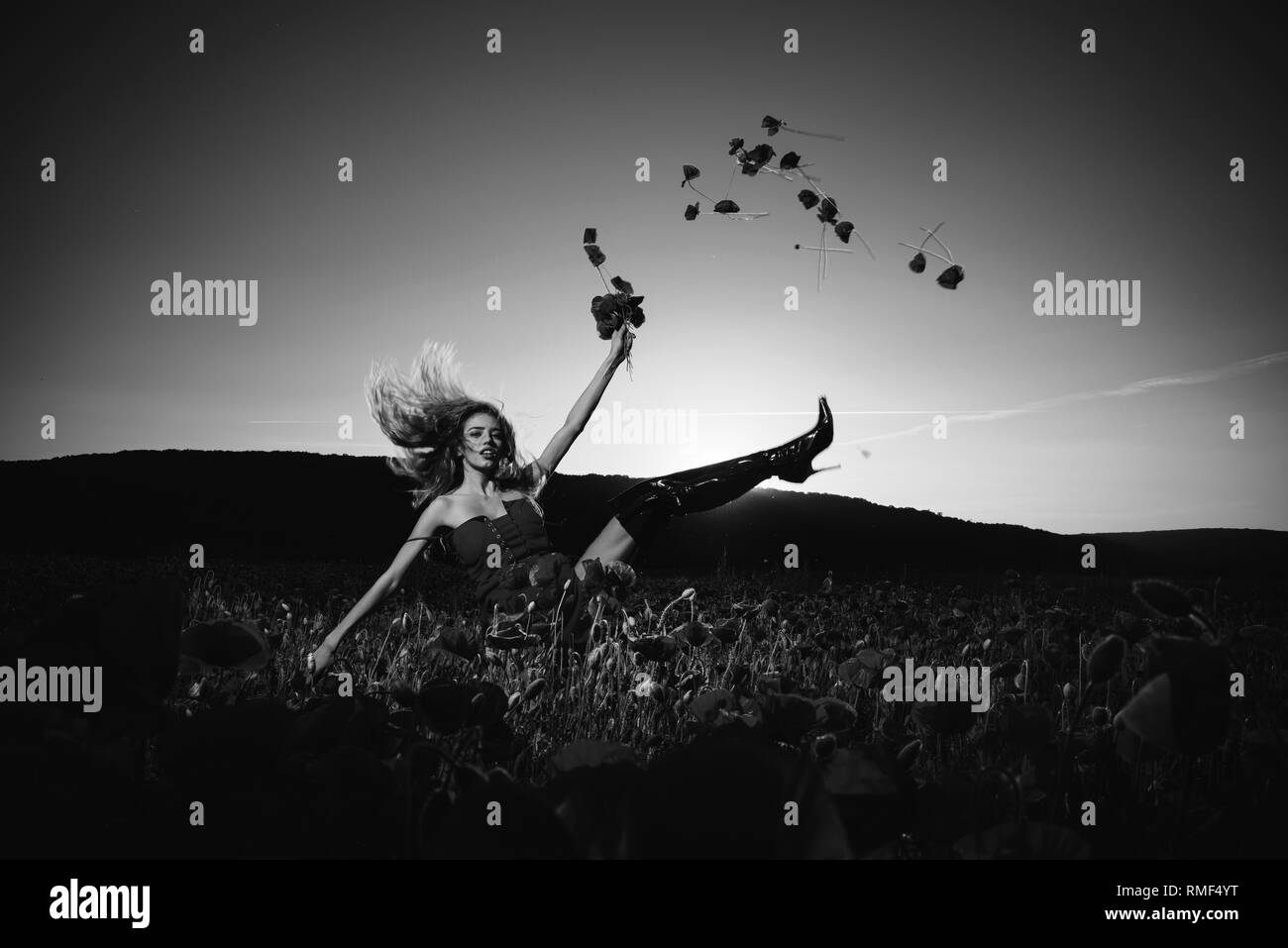 pretty dancing girl in field of poppy seed Stock Photo - Alamy