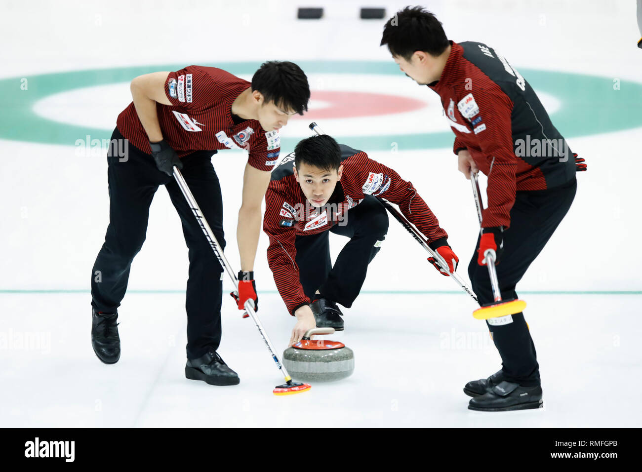 Hokkaido, Japan. 15th Feb, 2019. (L to R) Yasumasa Tanida, Tetsuro Shimizu, Shinya Abe ...