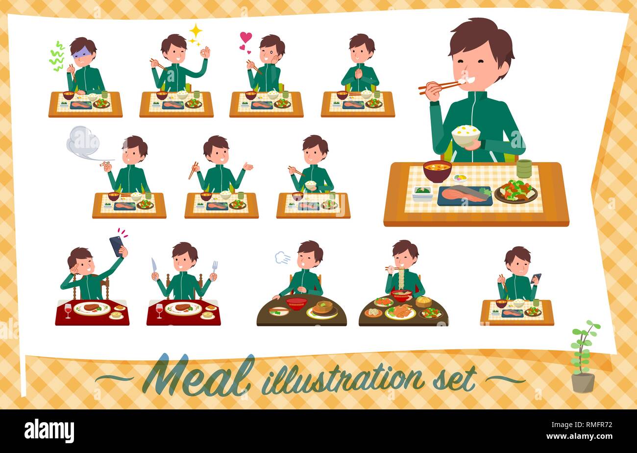 A set of school boy in sportswear about meals.Japanese and Chinese ...