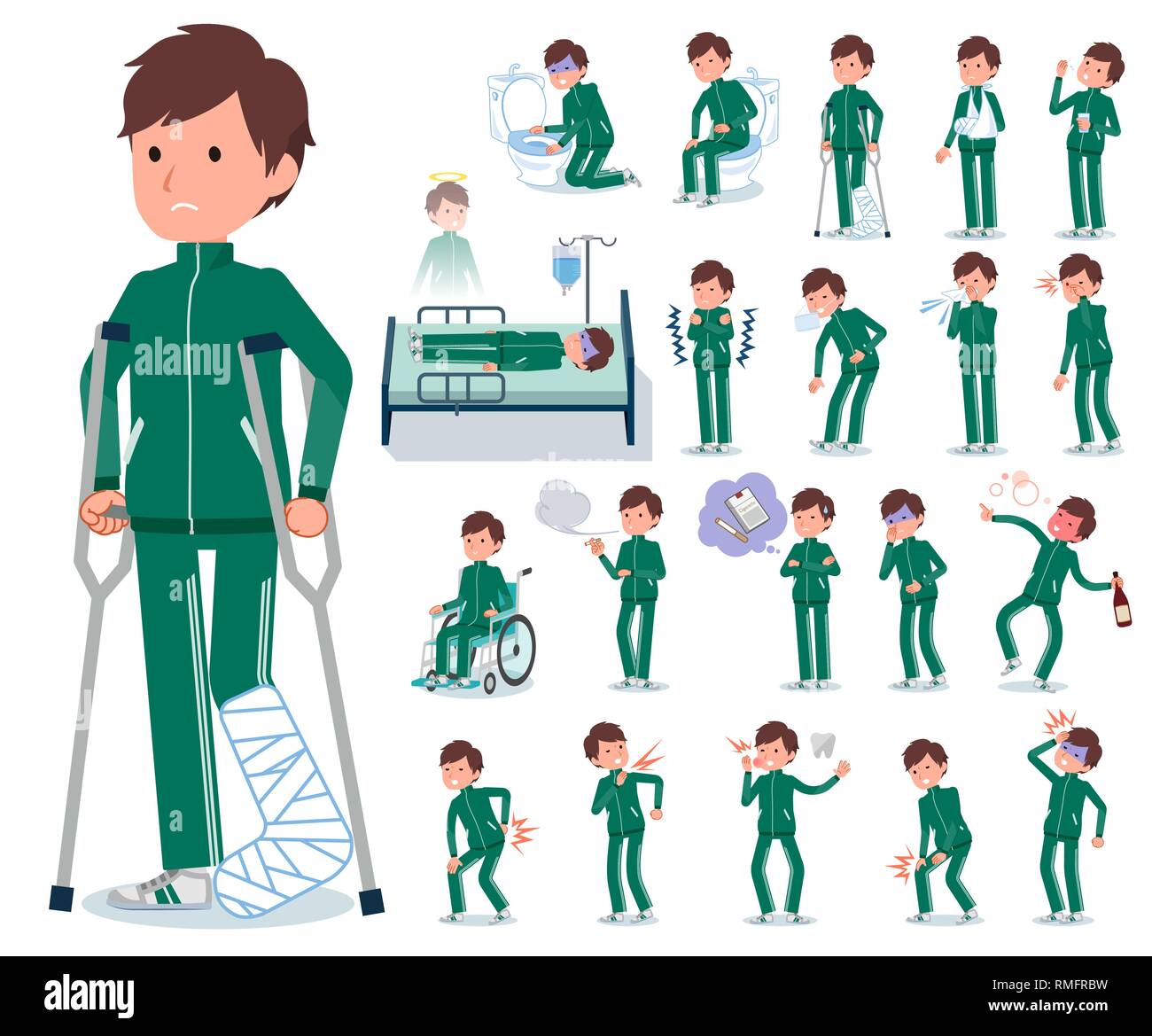 A set of school boy in sportswear with injury and illness.There are ...
