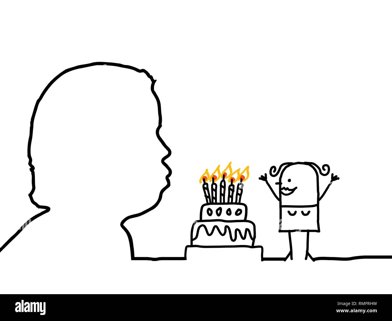 blowing candles - hand drawn cartoon characters & human profile Stock ...
