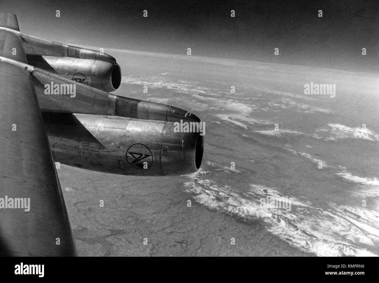 View from the window of a Condor Boeing 707 during the flight Stock ...