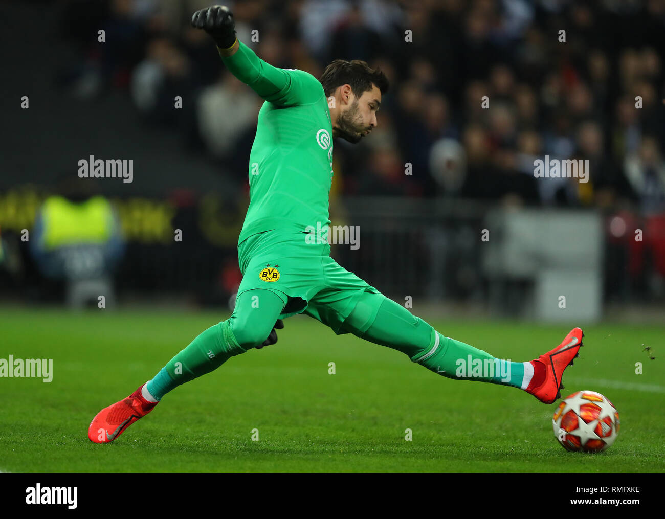 LONDON, ENGLAND - FEBRUARY 13 2019: Roman Burki of Dortmund makes a ...