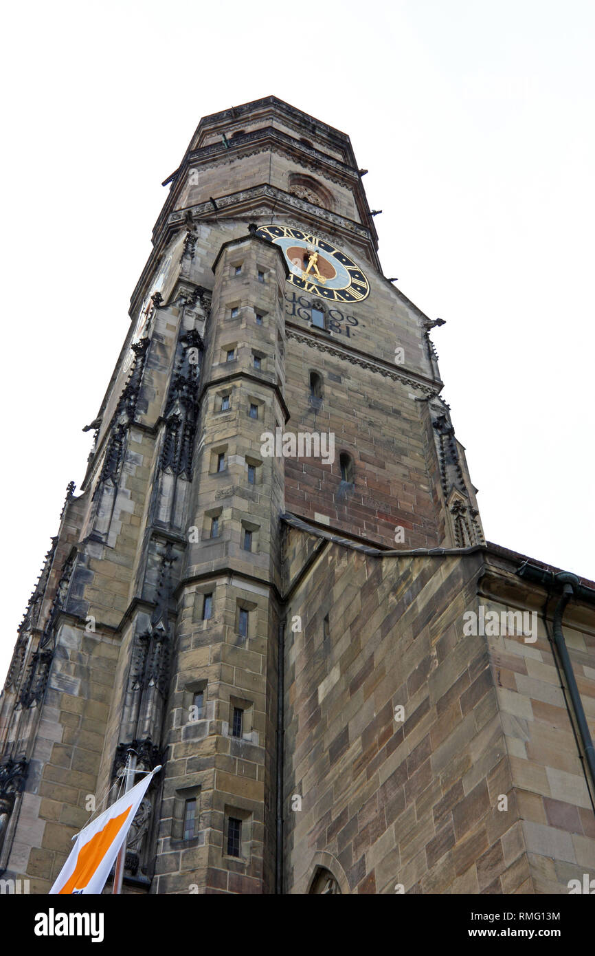 Tower in Gothic style of Stiftskirche church in Stuttgart, Germany ...