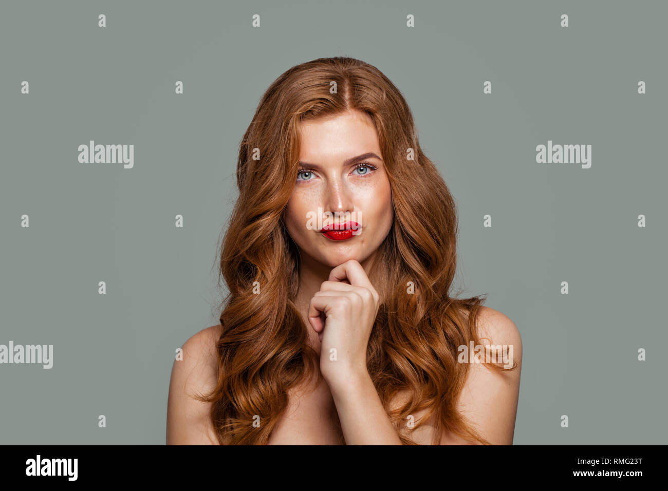 Red head woman thinking. Doubt and choice concept. Expressive facial ...