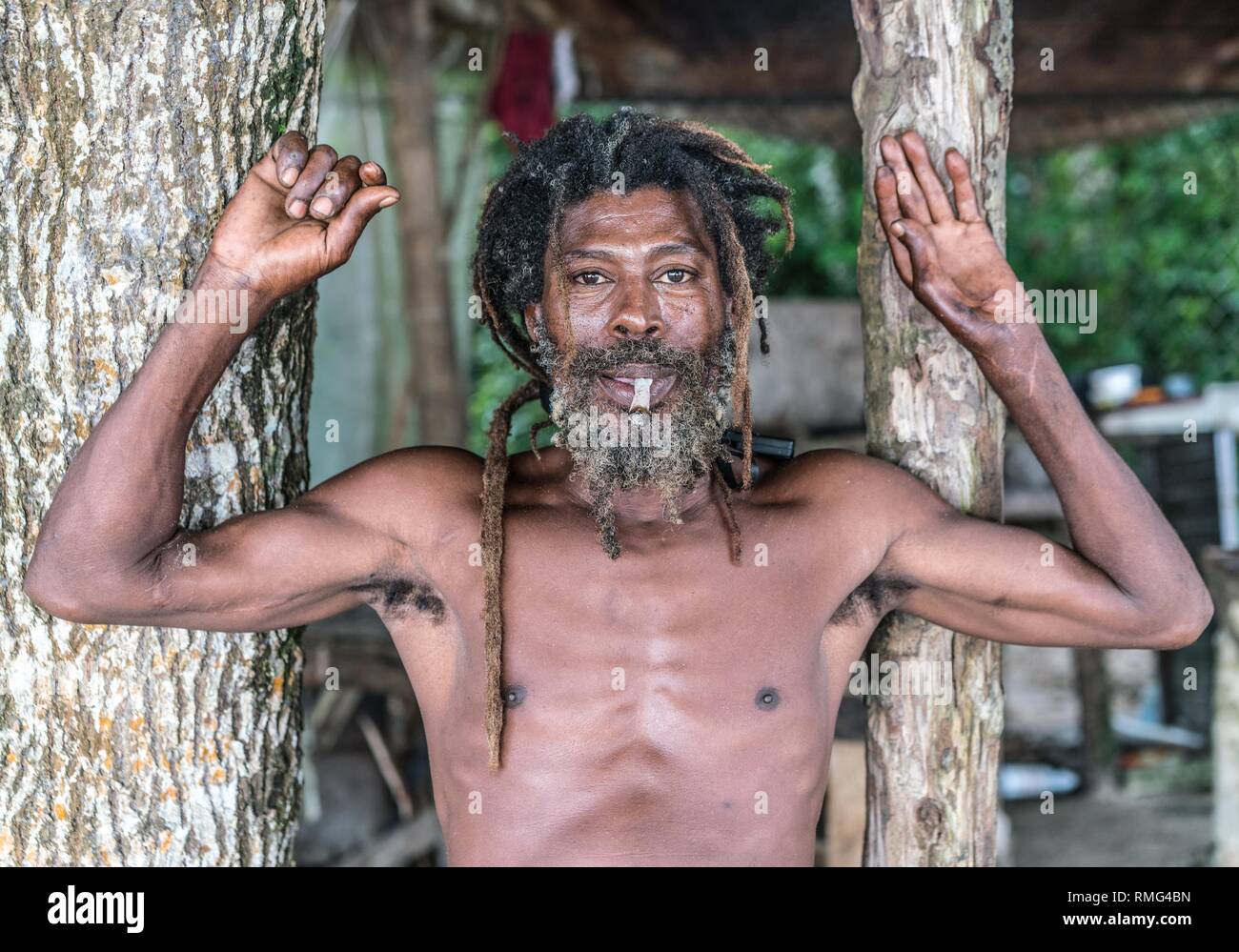 African American bearded male with dreadlocks and upped hands smoking ...