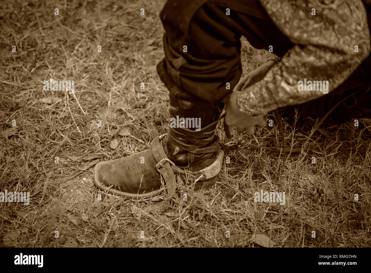 Rodeo cowboy tying up his boots for bareback riding event Stock Photo ...