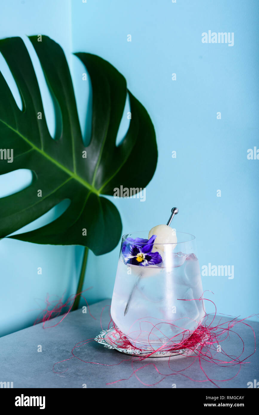 Cocktail lychee juice with italian soda water. A glass of ychee fruit ...