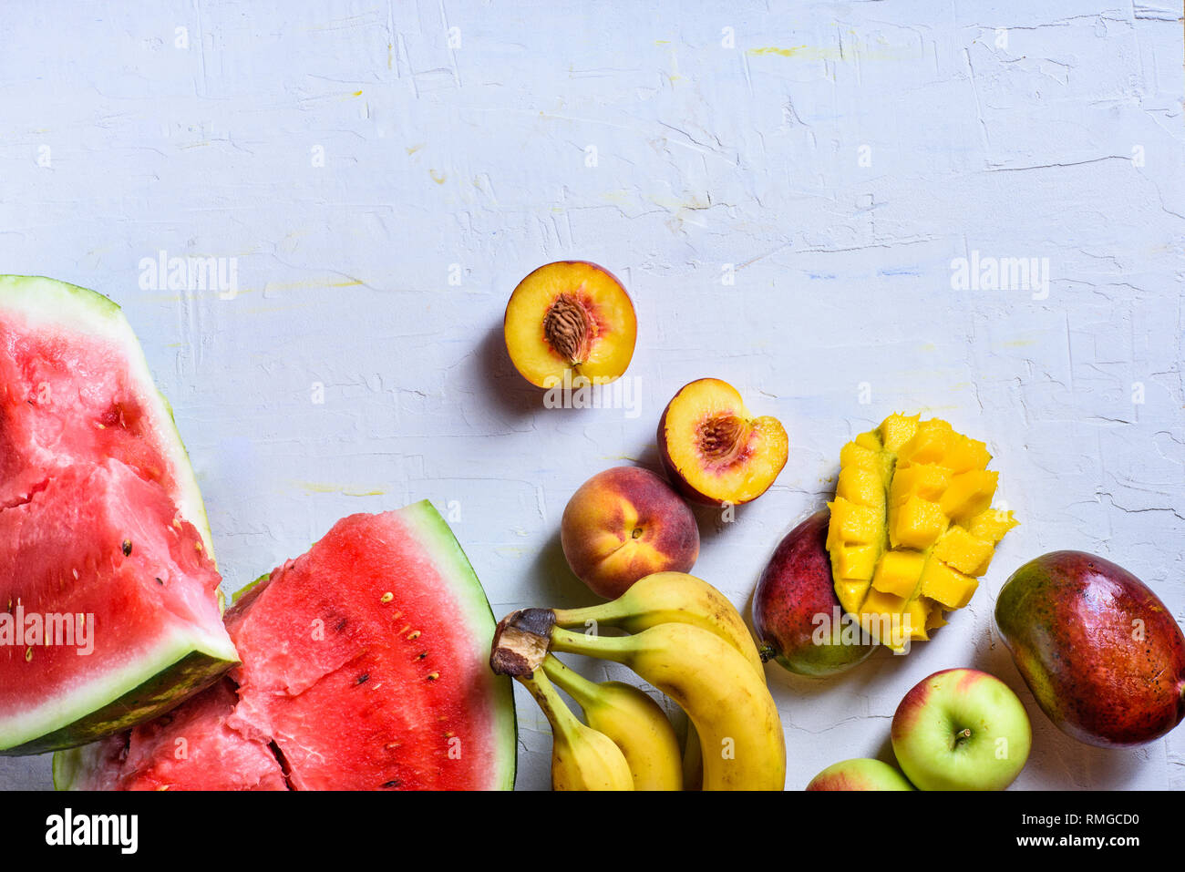 Fresh tropical fruits. Raw organic food background.Top view, copy space ...