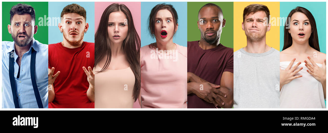 The collage of faces of surprised people on colored backgrounds. Happy ...