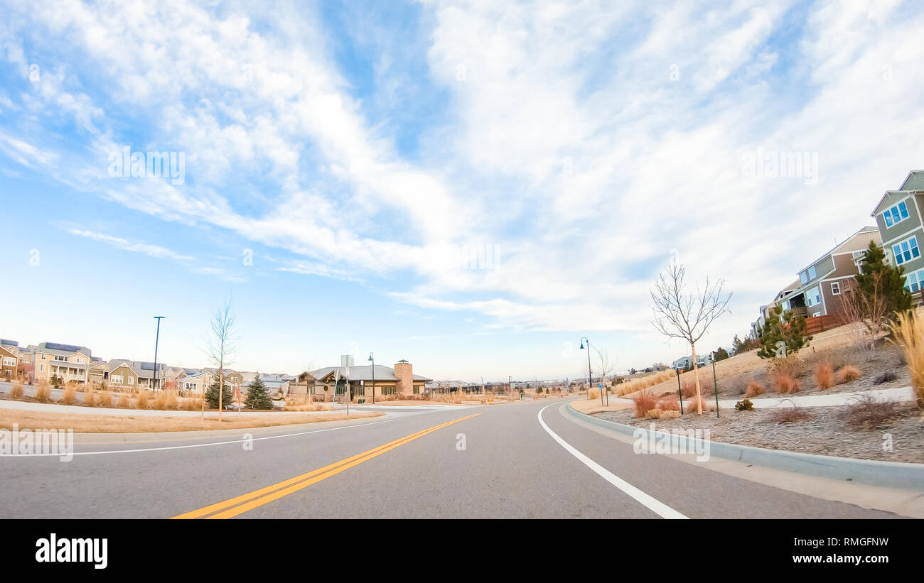 Driving through new residential neighborhood in suburbia Stock Photo ...