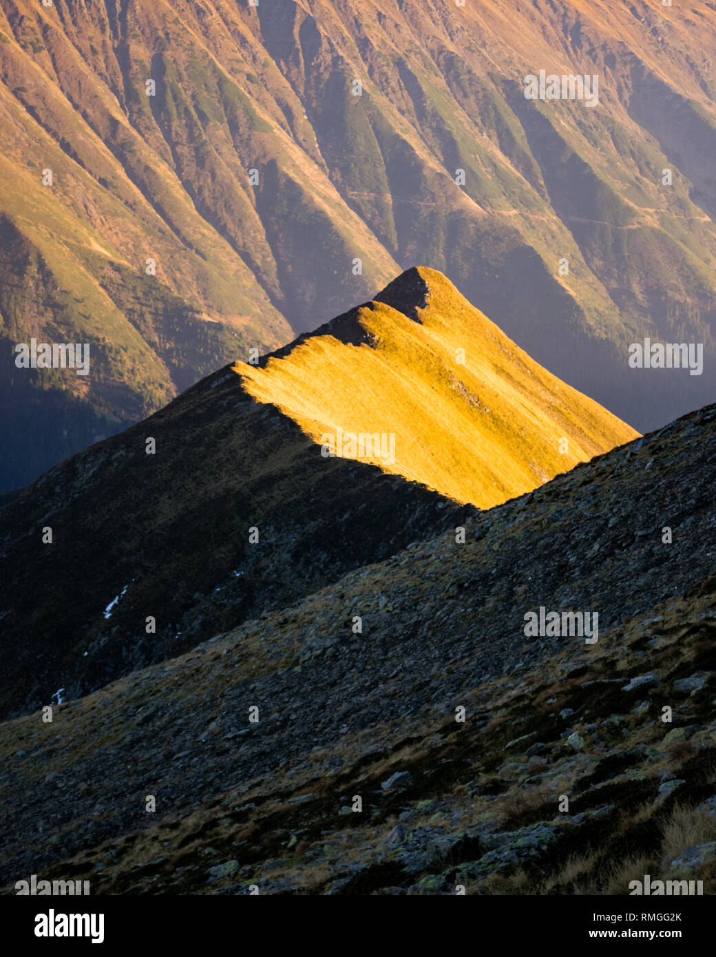 Autumn landscape showing a mountain ridge, lit from the side by the ...