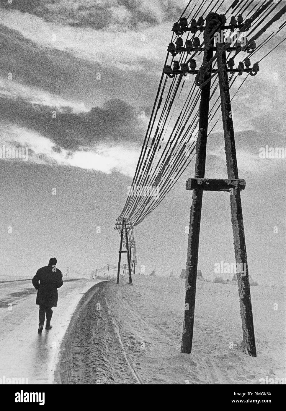 Power lines along a road in winter Stock Photo - Alamy