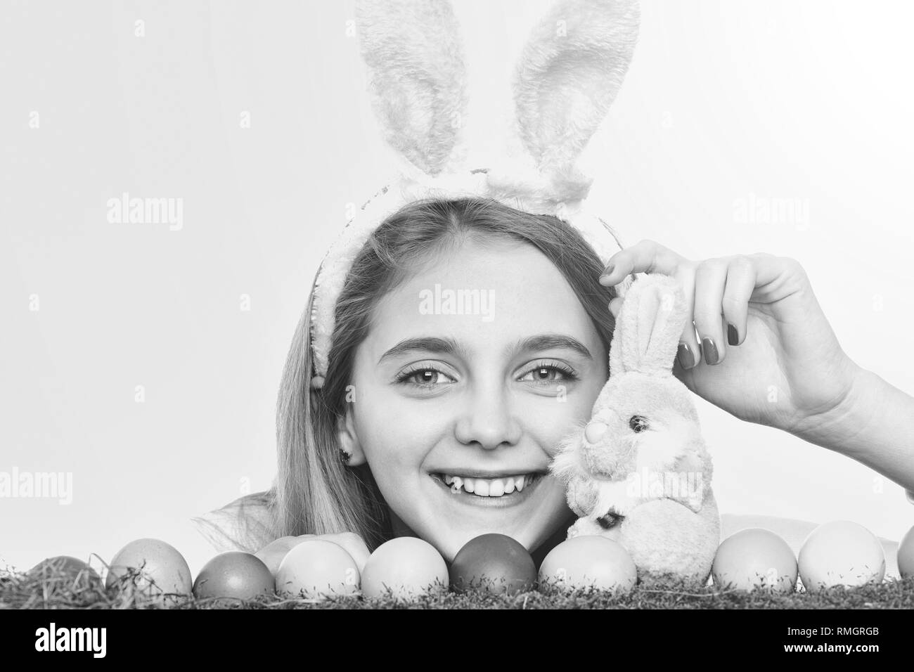 happy easter girl in bunny ears with colorful eggs, rabbit Stock Photo ...