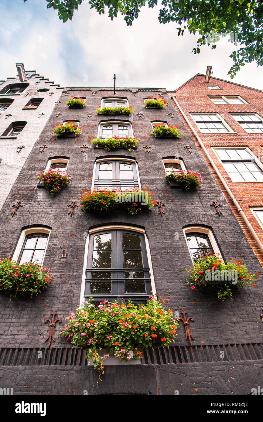 View of typical dutch architecture from Amsterdam under dramatic sky ...