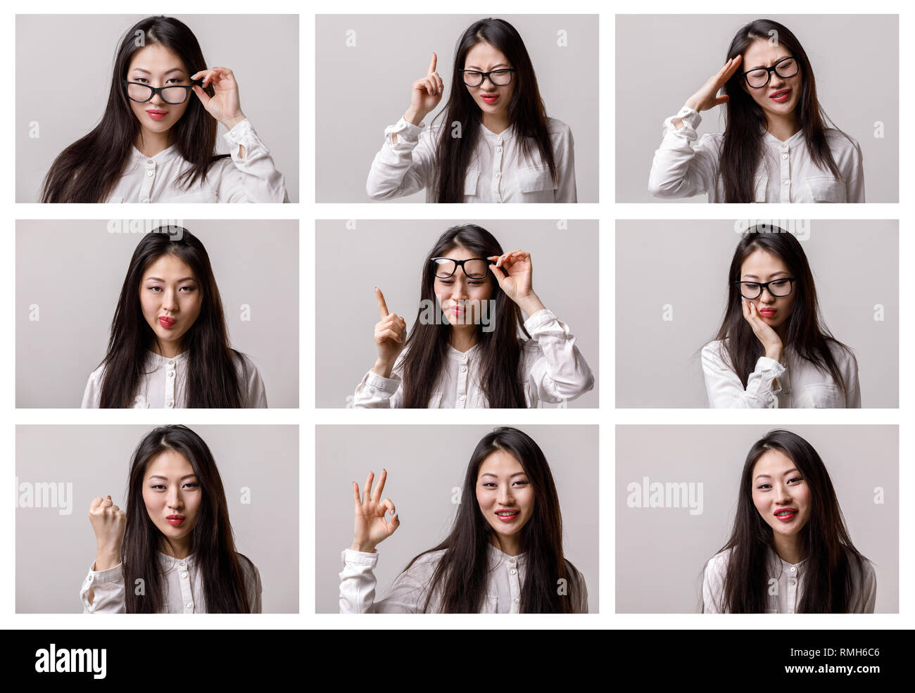 set of portraits of a young asian woman with different emotions Stock ...
