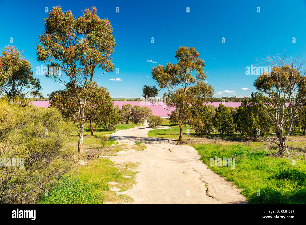 View towards Pink Lake, a popular salt lake along the Western Highway ...