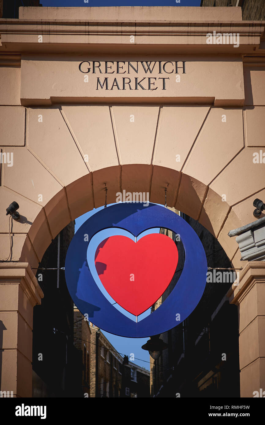 London, UK. May, 2018. A red heart in a blue circle at the entrance ...