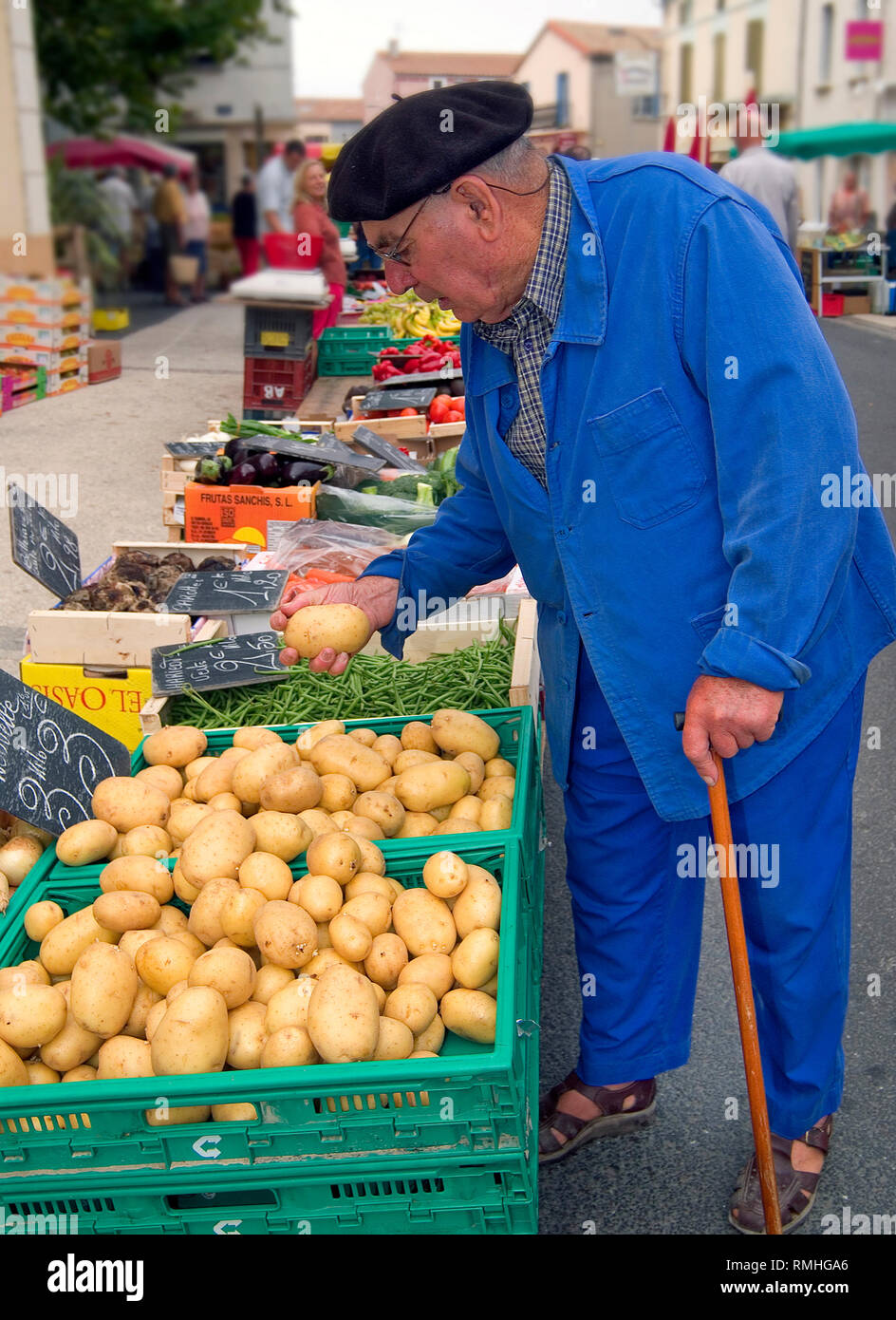 Elderly french man choosing vegetables at Bram market a village ...