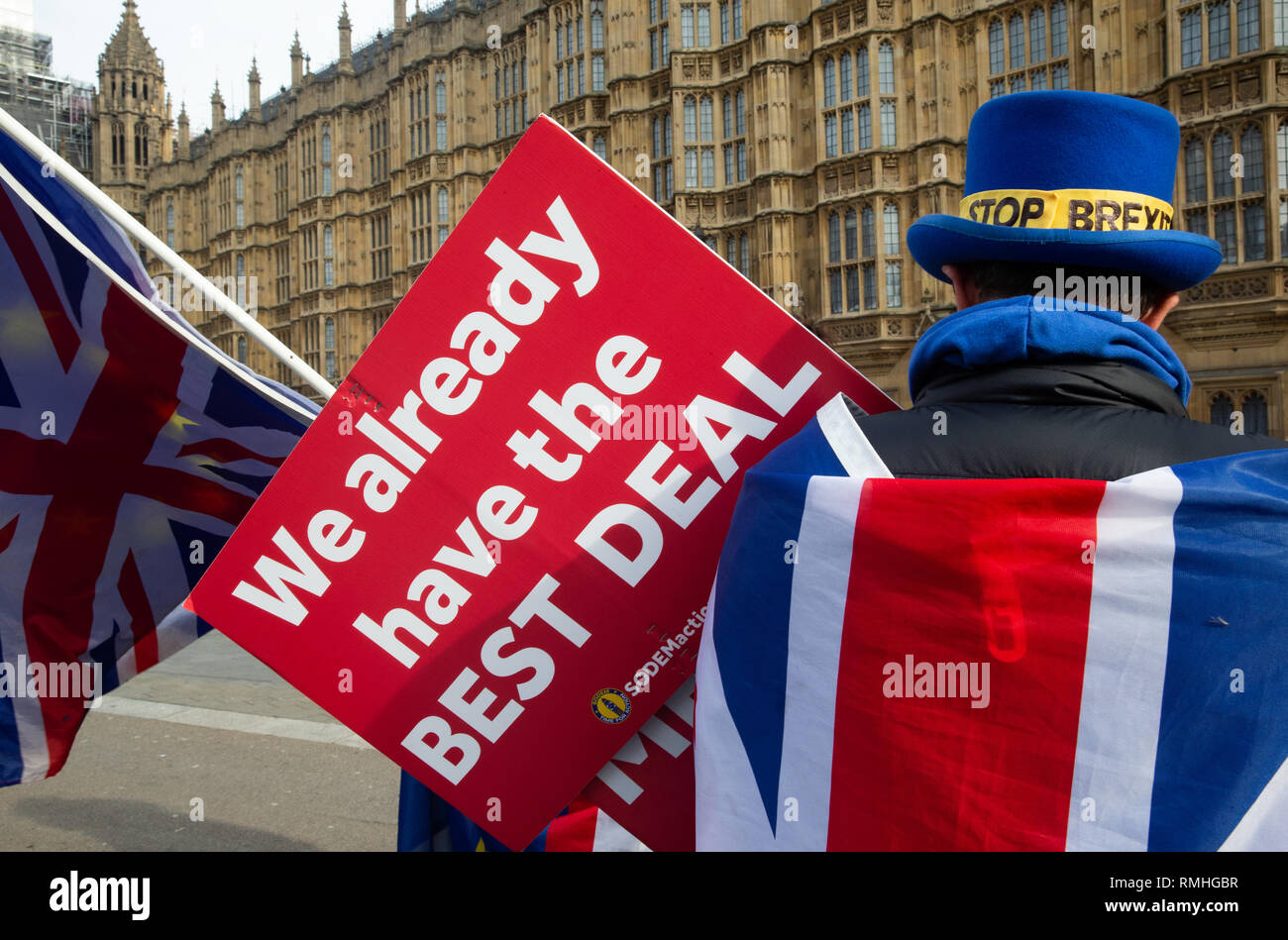 A Pro Remain supporter demonstrates outside Parliament in support of ...