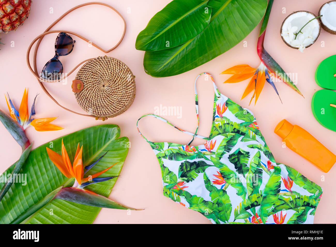 Summer flat lay scenery with swimsuit Stock Photo - Alamy