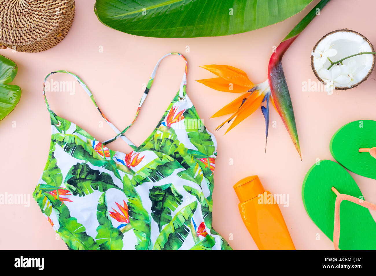 Summer flat lay scenery with swimsuit Stock Photo - Alamy