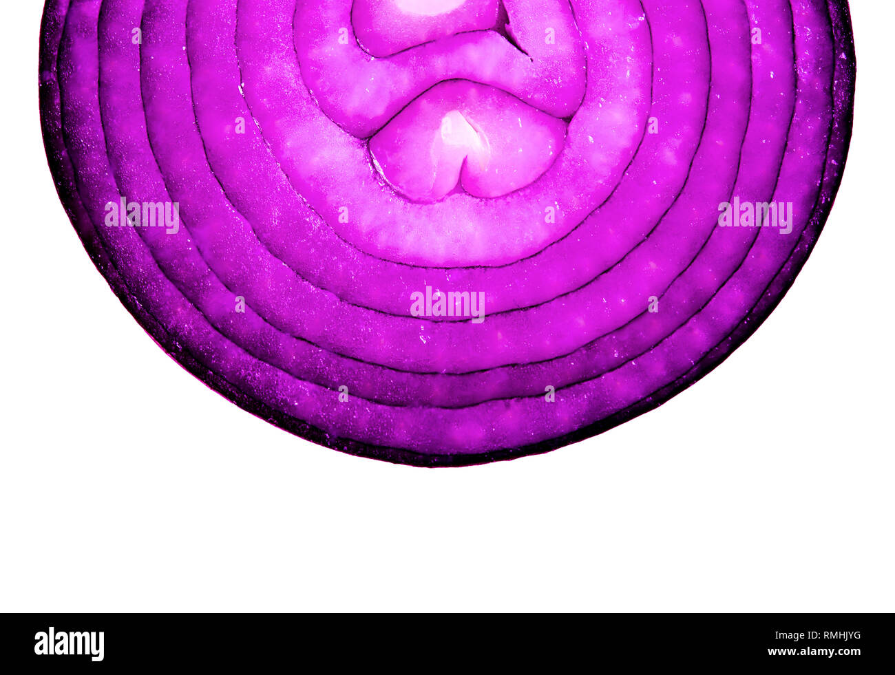 Violet onion slice on a white background, top view. Sliced red onion on ...