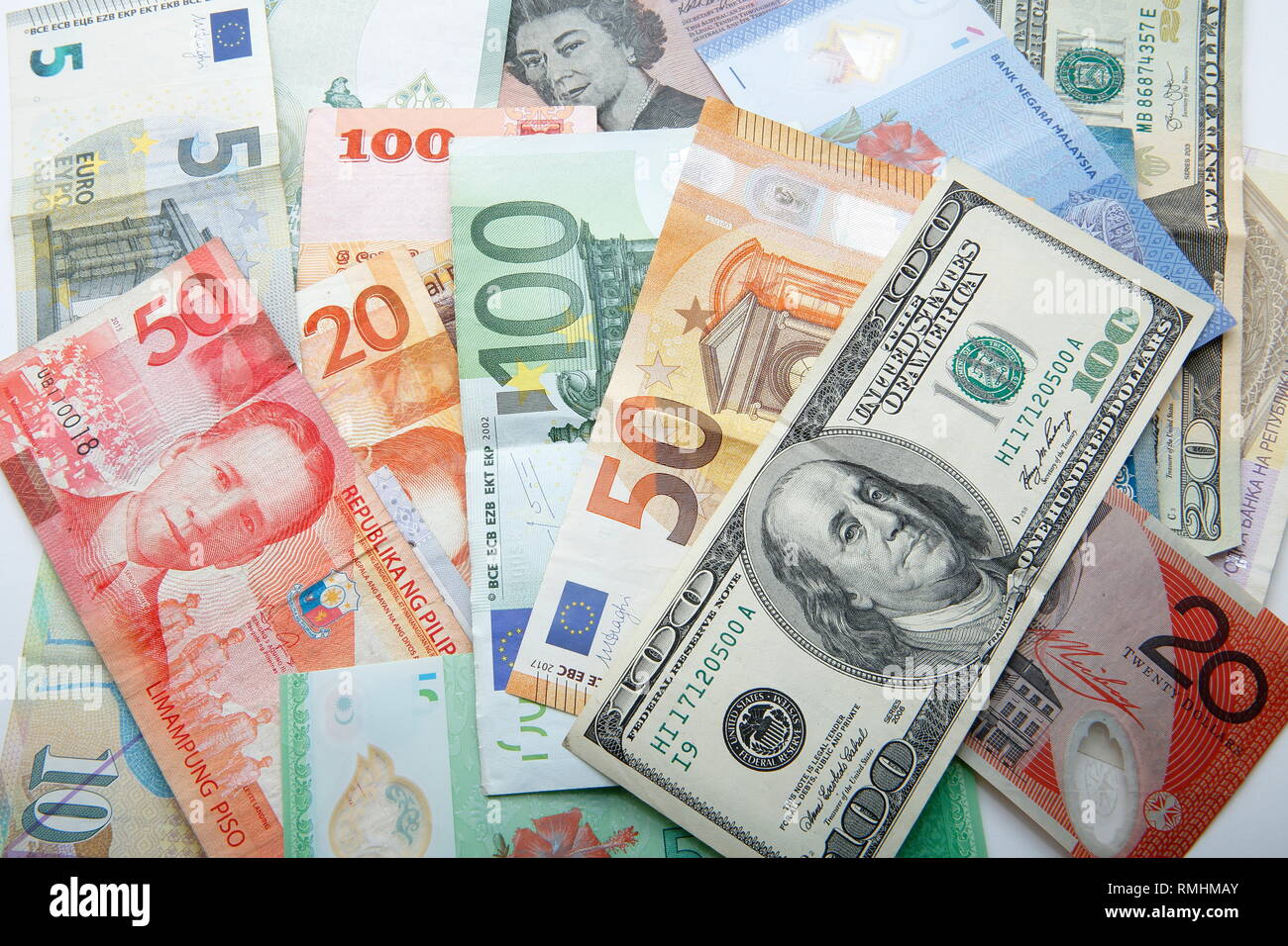 View of composition with various world banknotes Stock Photo - Alamy