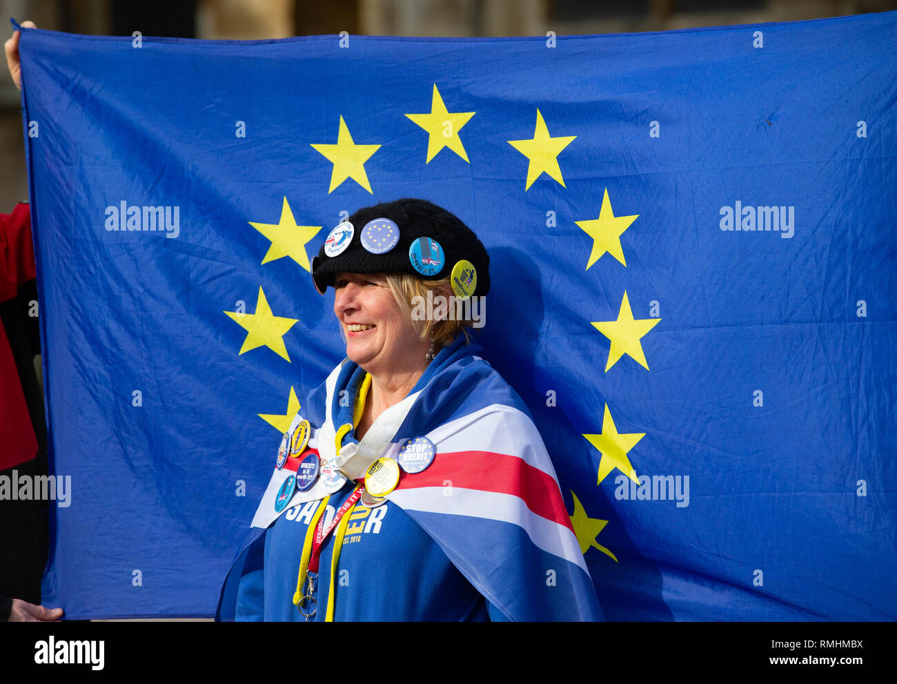 A Remain supporter poses in front of an EU flag outside Parliament. She ...