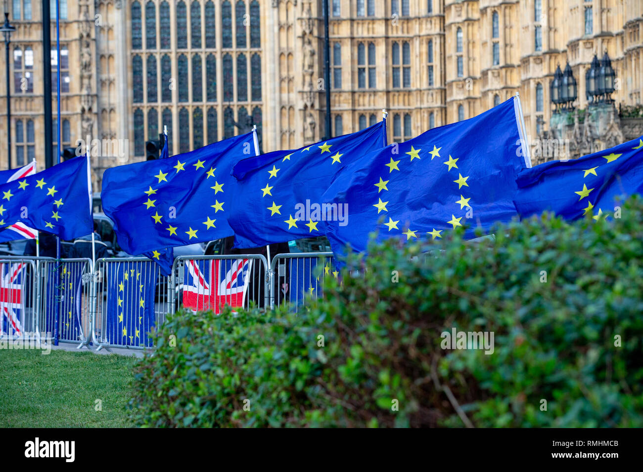 Flags of the European Union and Remain supporters demonstrate outside ...