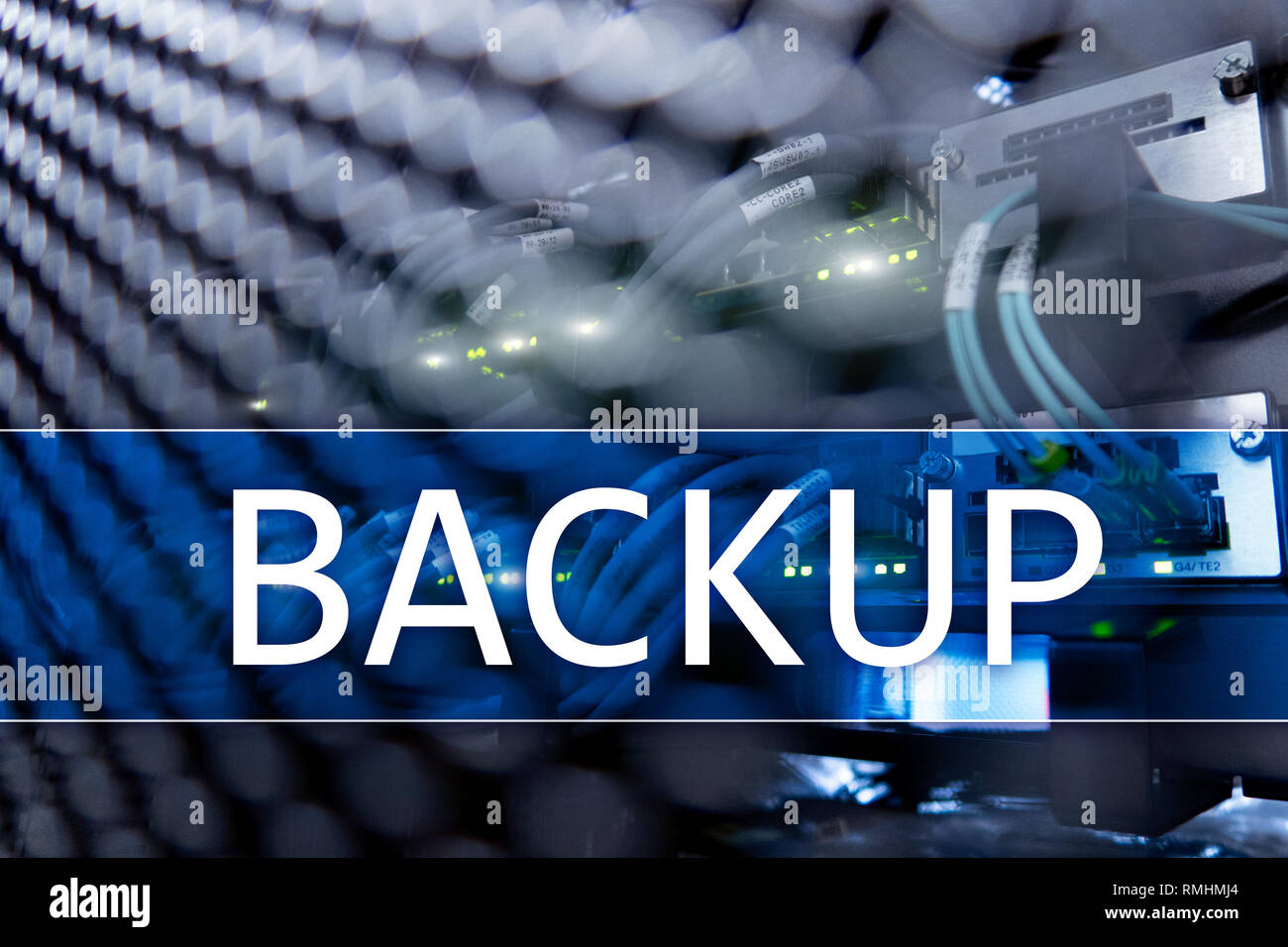 Backup button on modern server room background. Data loss prevention ...