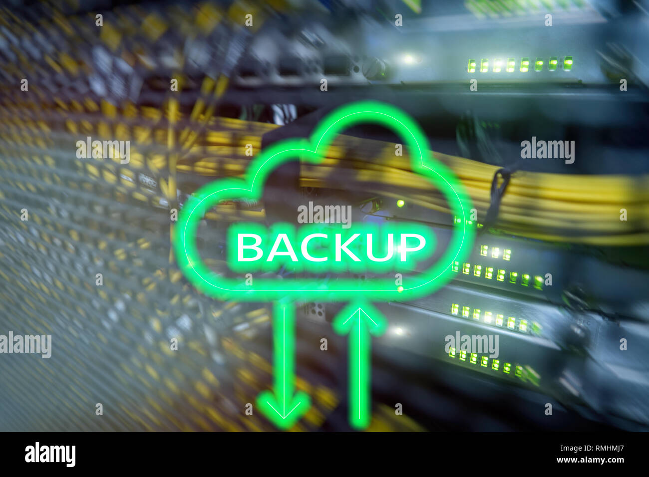 Backup button on modern server room background. Data loss prevention ...