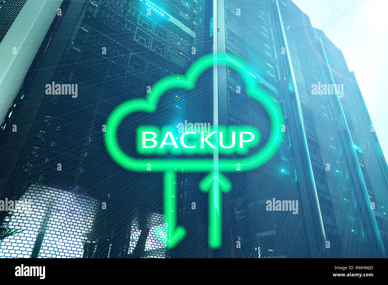 Backup button on modern server room background. Data loss prevention ...