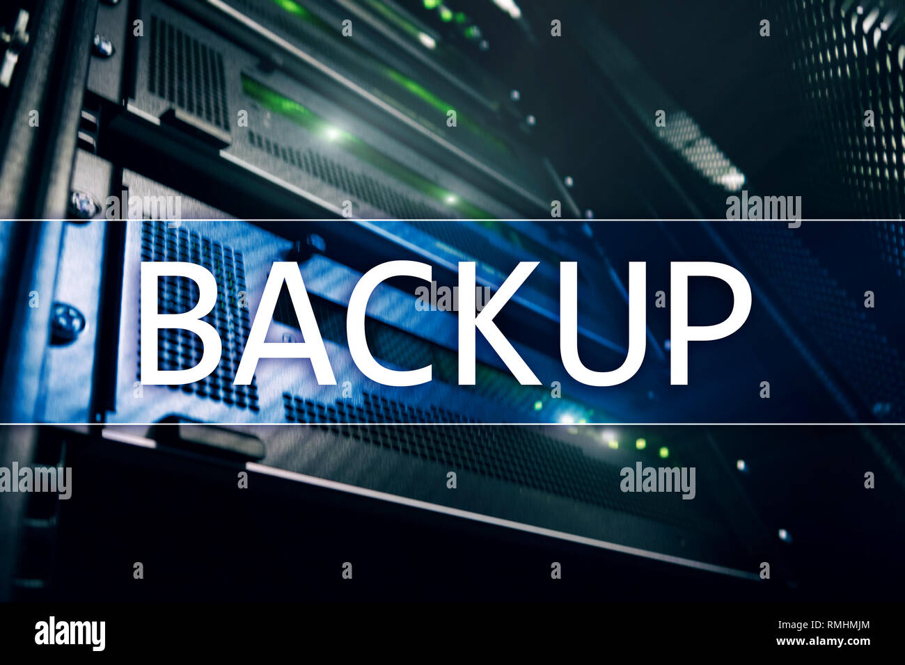 Backup button on modern server room background. Data loss prevention ...