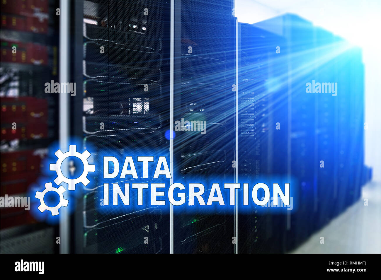 Data integration information technology concept on server room ...