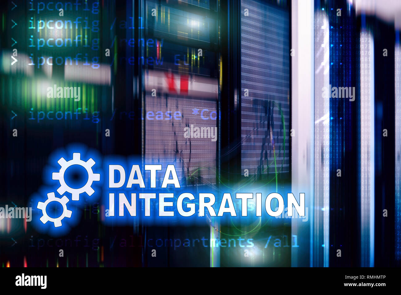 Data integration information technology concept on server room ...