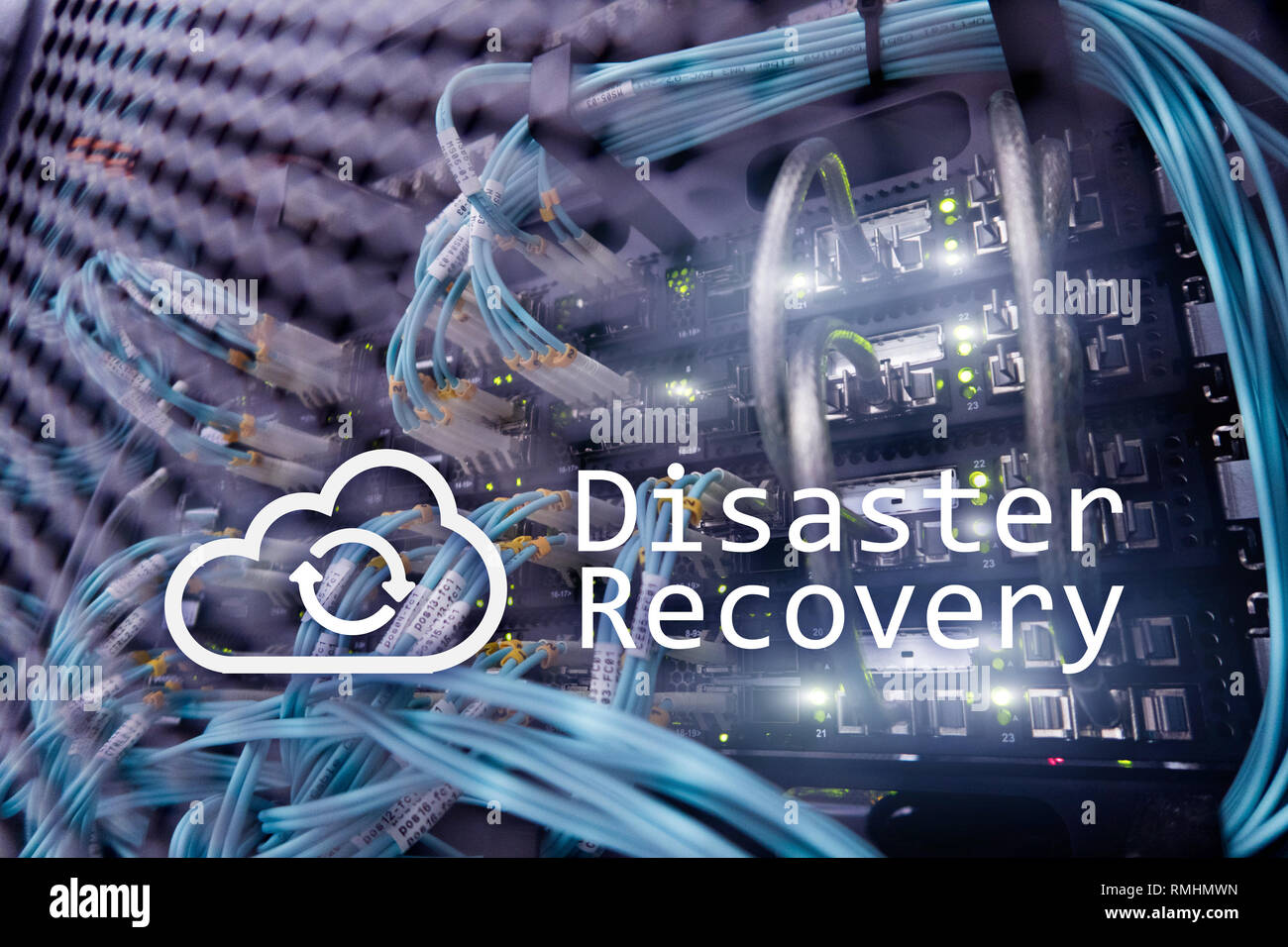 DIsaster recovery. Data loss prevention. Server room on background ...