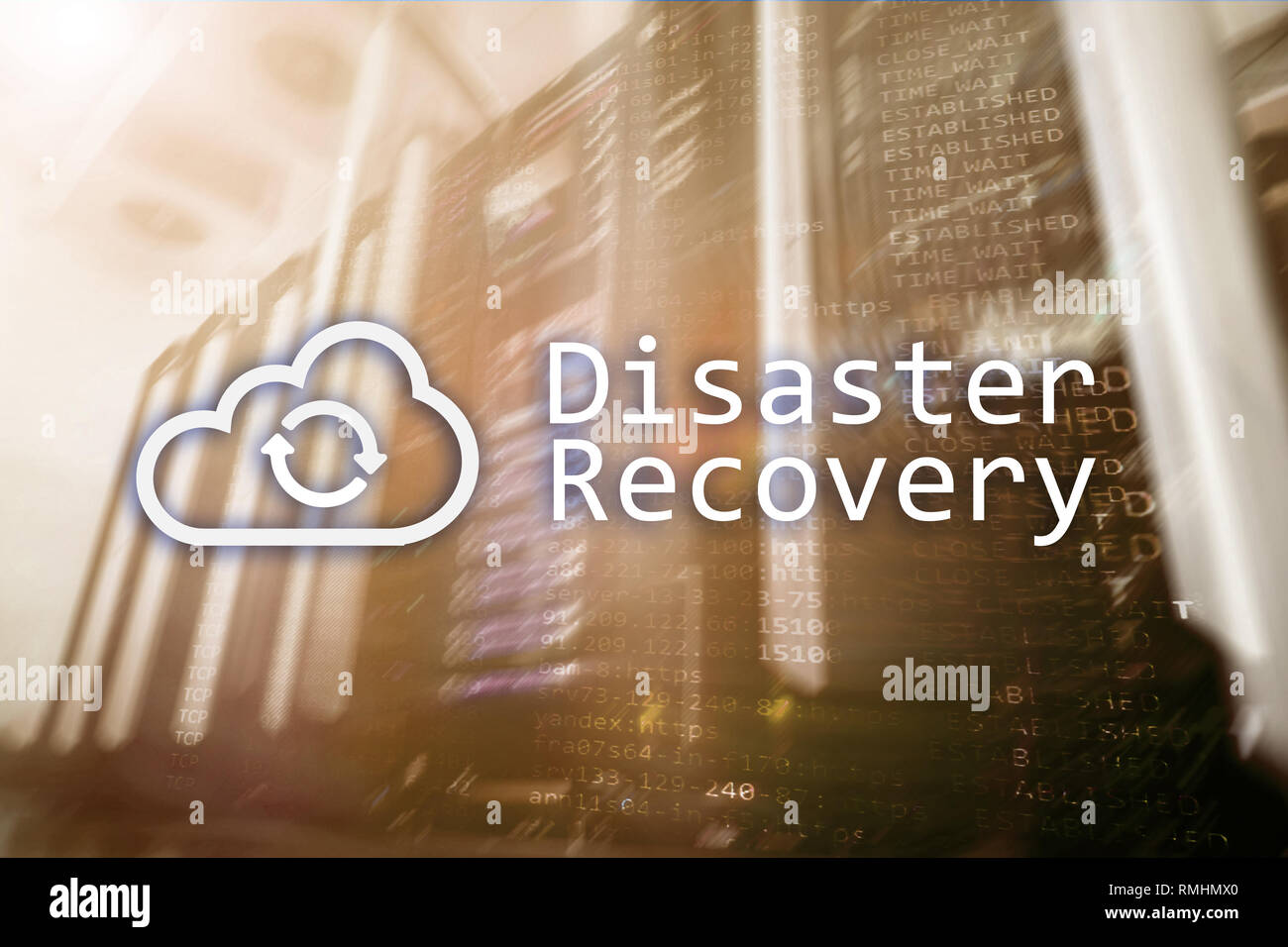 DIsaster recovery. Data loss prevention. Server room on background ...