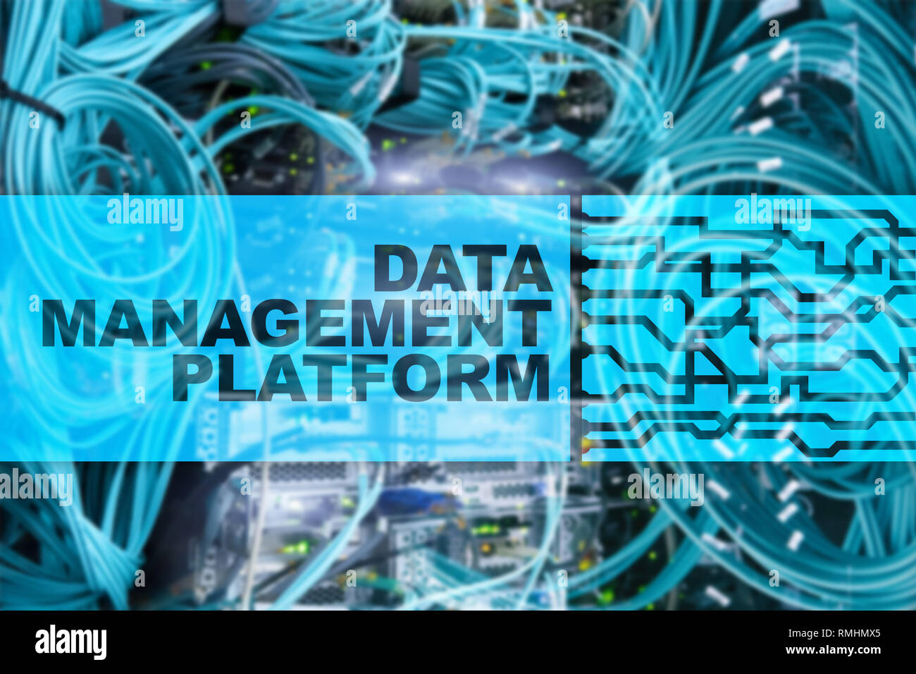 Data management and analysis platform concept on server room background ...