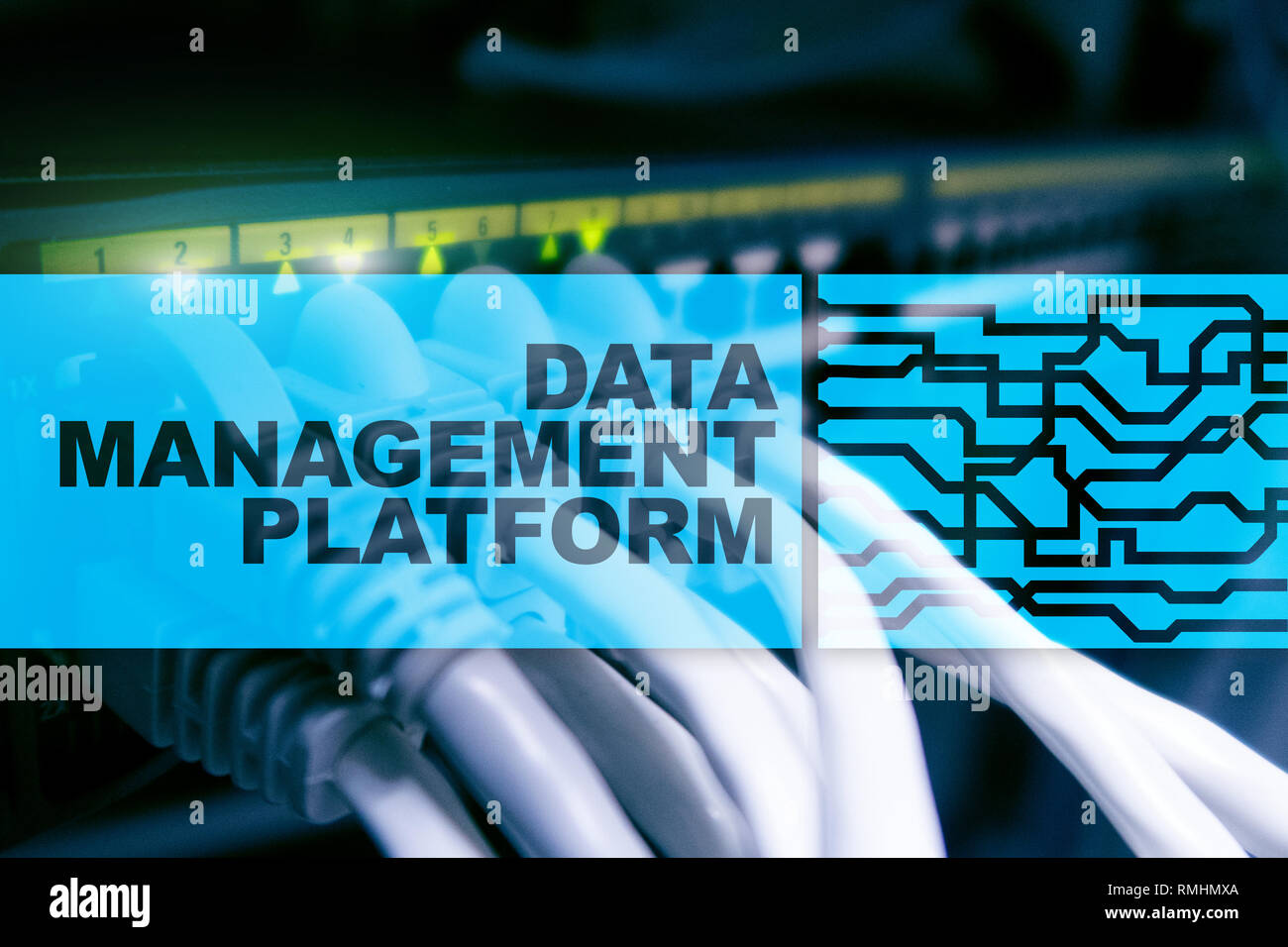 Data management and analysis platform concept on server room background ...