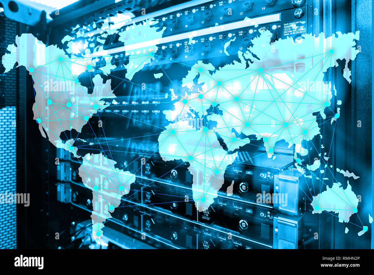 Internet and telecommunication concept with world map on server room ...