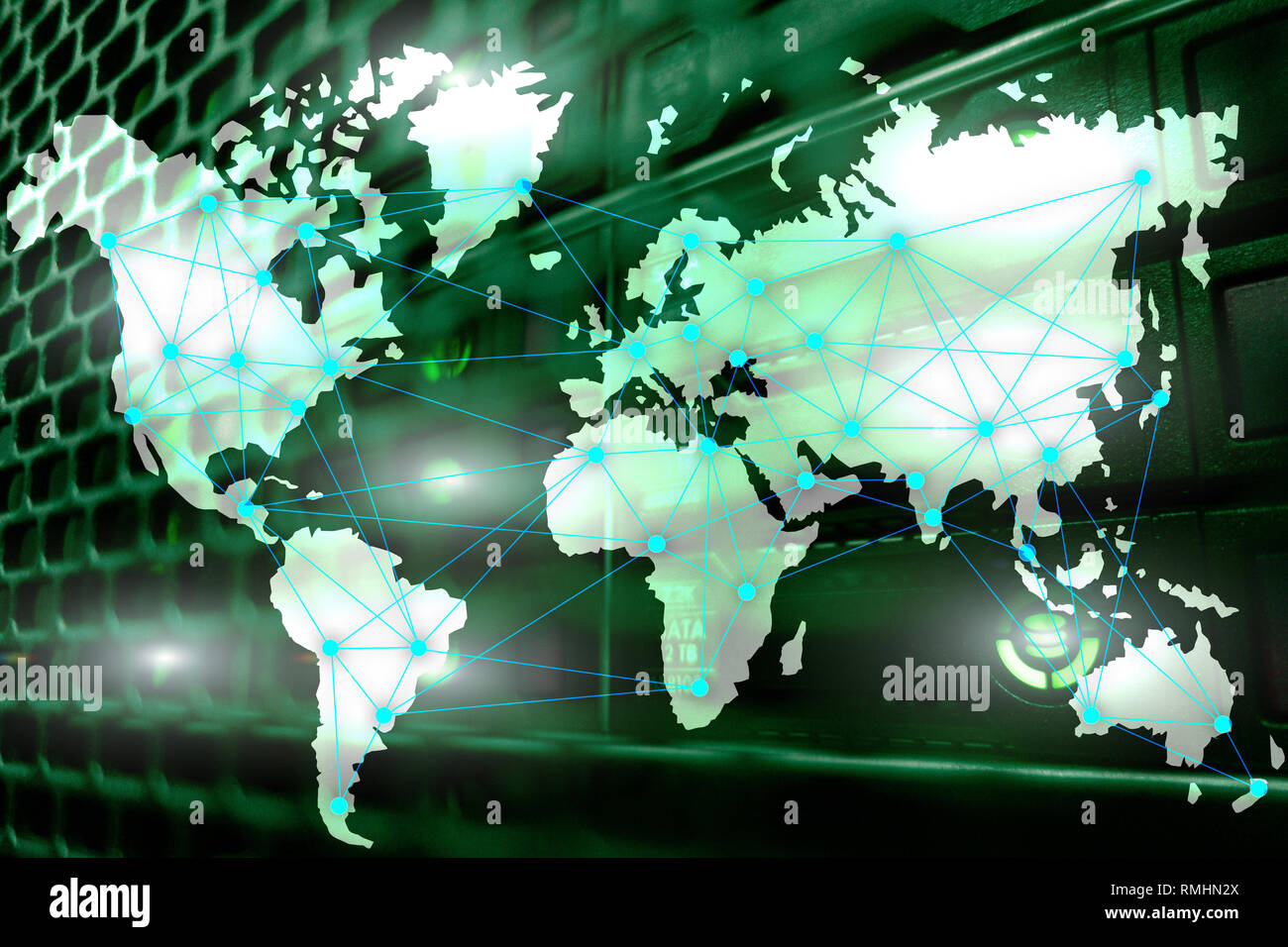 Internet and telecommunication concept with world map on server room ...